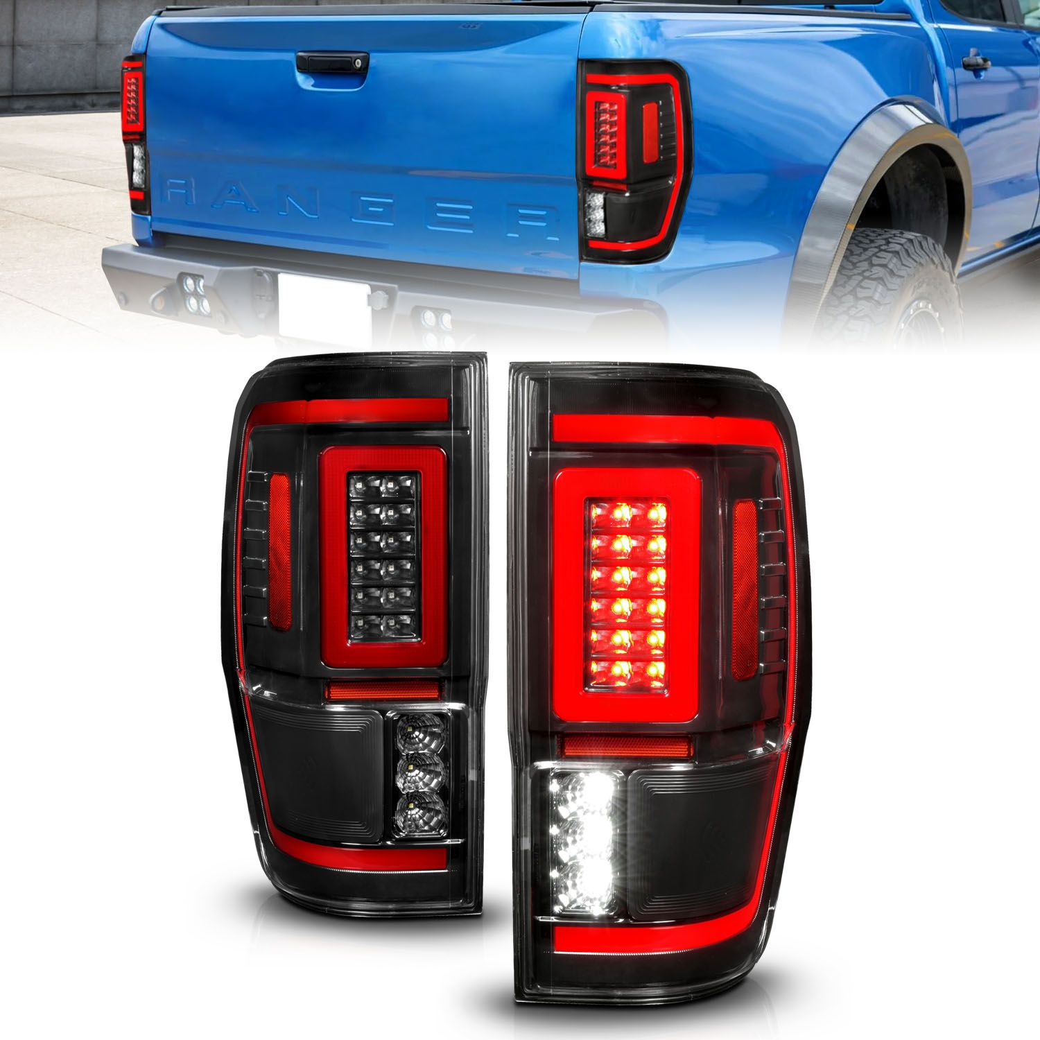 ANZO - 2019-2023 FORD RANGER FULL LED TAIL LIGHTS BLACK CLEAR LENS WIT ...